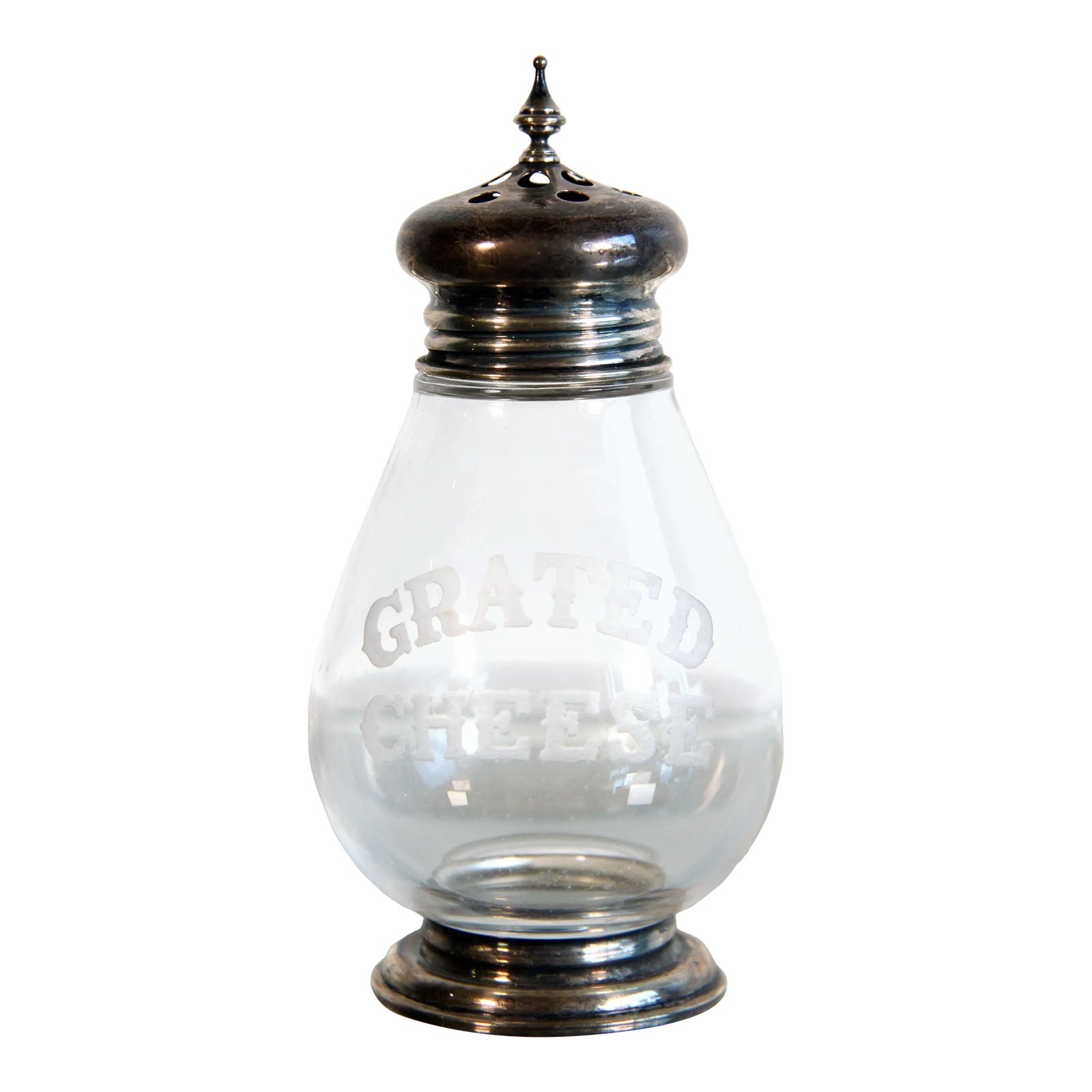 Antique Etched Glass & Sterling Silver Grated Cheese Shaker | Chairish
