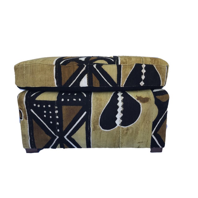 Custom Made Ottoman with Brown/Mustard/Black/White Mud Cloth | Chairish