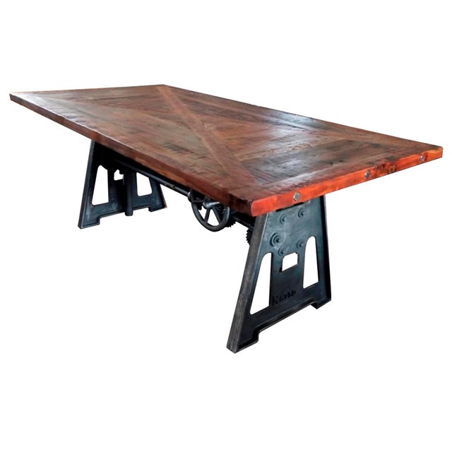 Baron Reclaimed X Wooden Top Adjustable Crank Table | Chairish