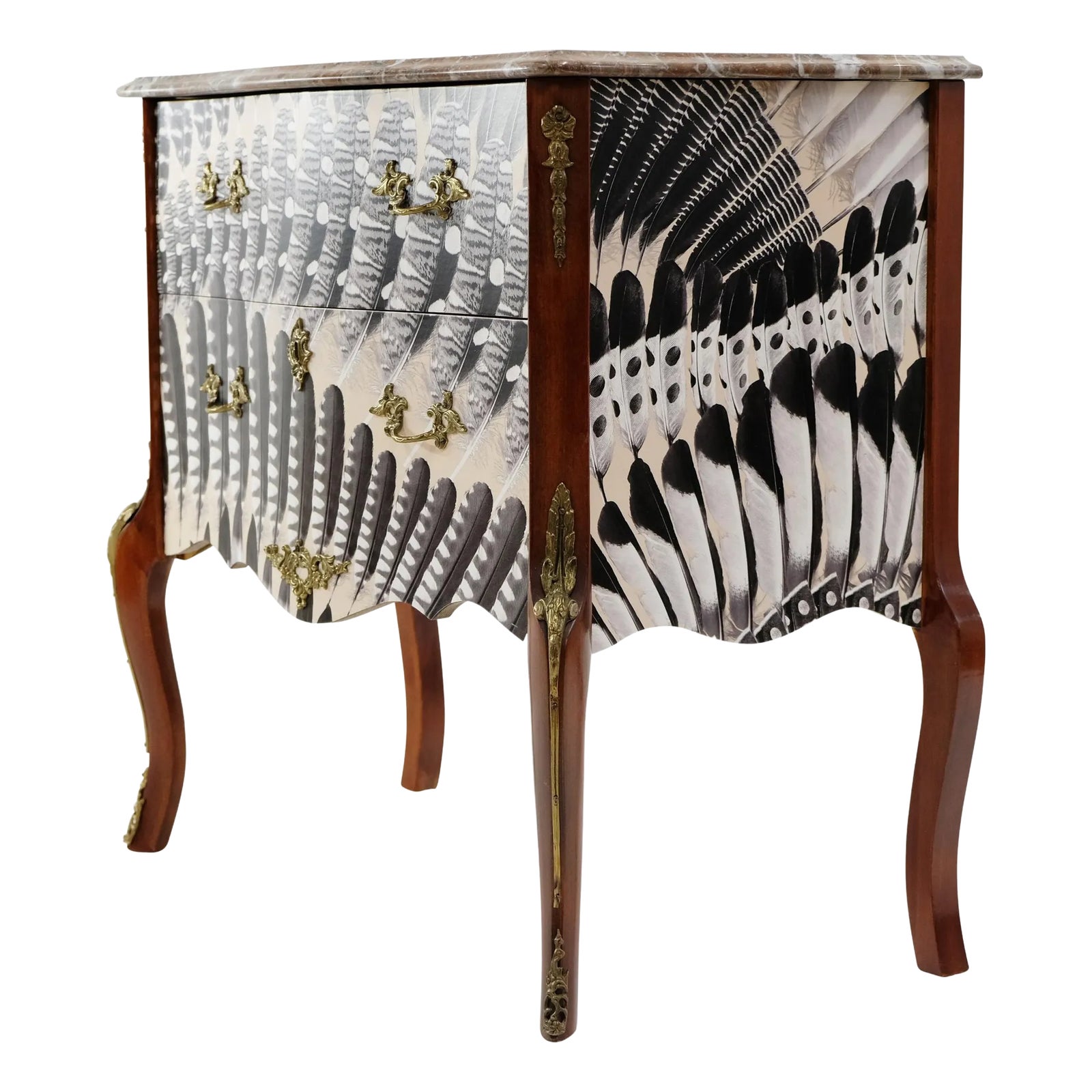 1950s Rococo Chest With Feather Design and Marble Top | Chairish