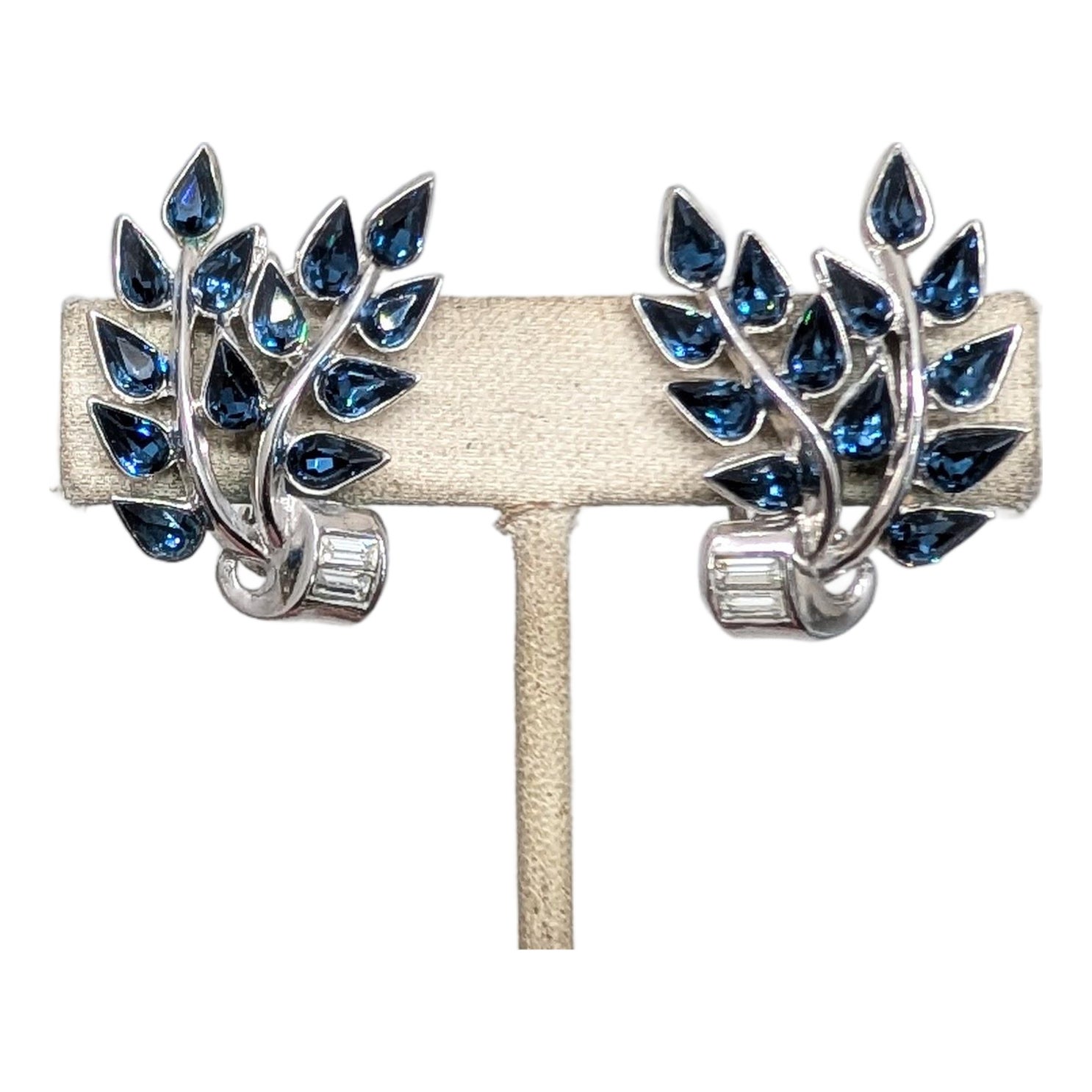 Vintage Signed Crown Trifari Faux-Sapphire Leaf Clip Earrings- 2 Pieces ...