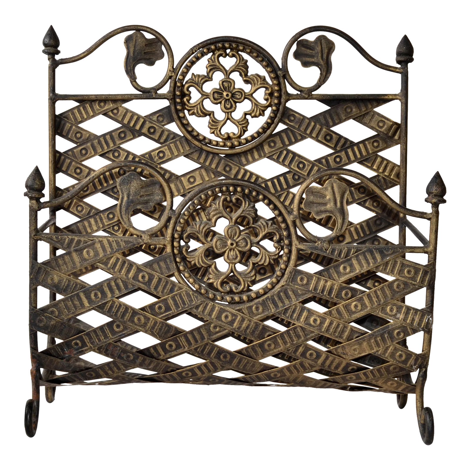 Vintage Wrought Iron Magazine Rack with Black & Bronze Finish | Chairish
