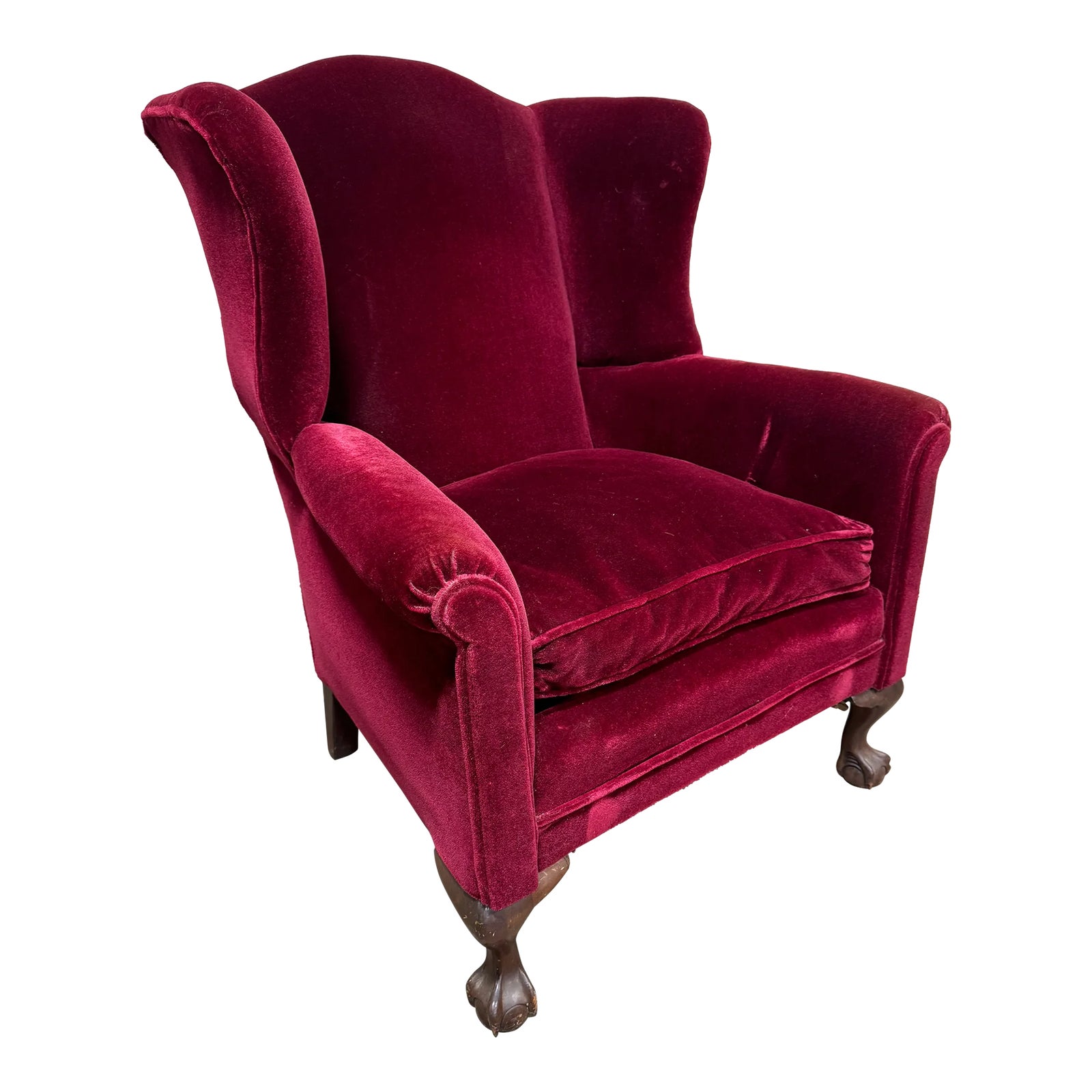 Deep Red Maroon Mohair Armchair Claw Feet | Chairish