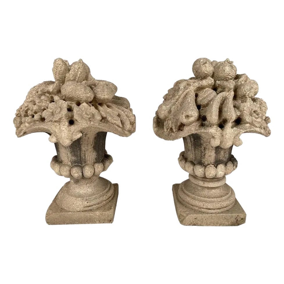 Pair French Limestone Cornucopia Garden Urns | Chairish