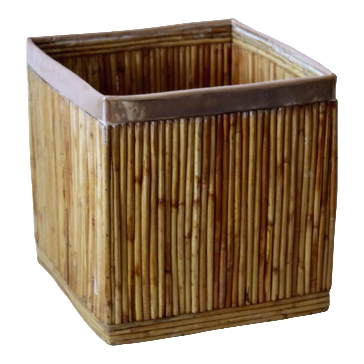 Gabriella Crespi Style Brass & Rattan Bamboo Cube Planter or Basket ...