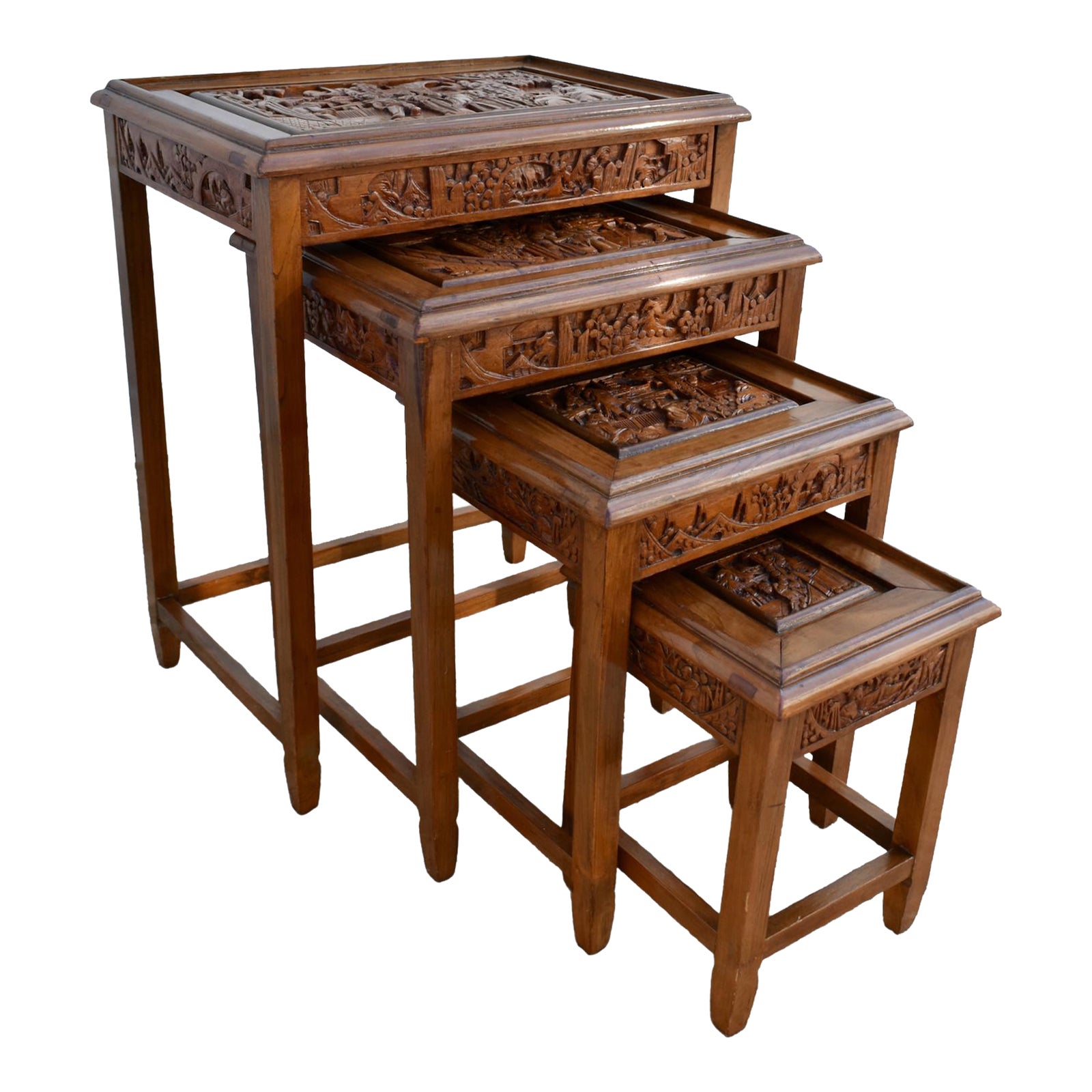 Vintage Set of Four Asian Carved Nesting Tables W/Drawer | Chairish