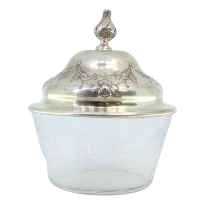 Acid-Etched Glass Candy Box with Lid and Silver Handle | Chairish