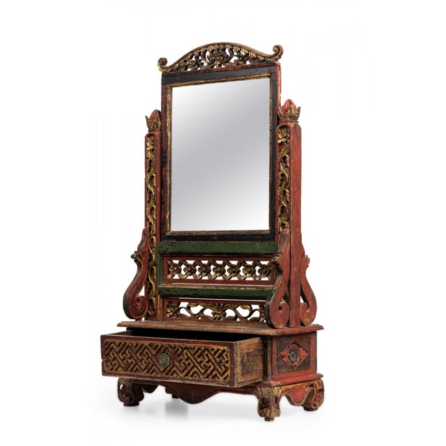 Chinese Carved Painted Wood Dressing Table / Vanity Mirror with Gilt ...