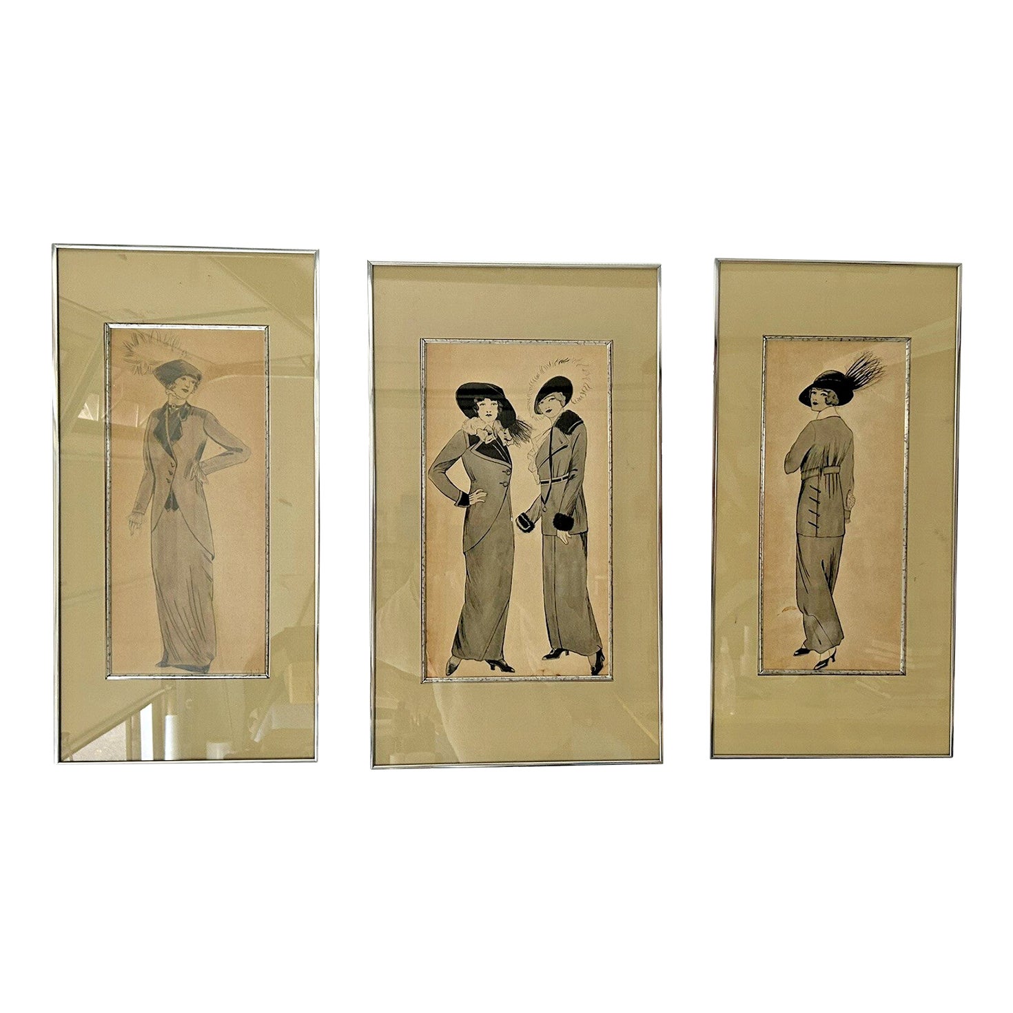 1913 Triptych Original Fashion Drawings/Gauche Paintings, Julia Wall ...