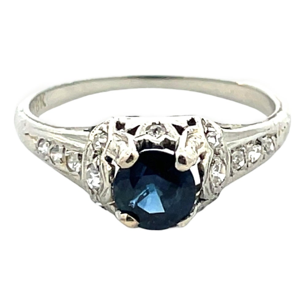 Vintage 18k White Gold Blue Sapphire & Diamond Accent Ring, Size 5.75 ...