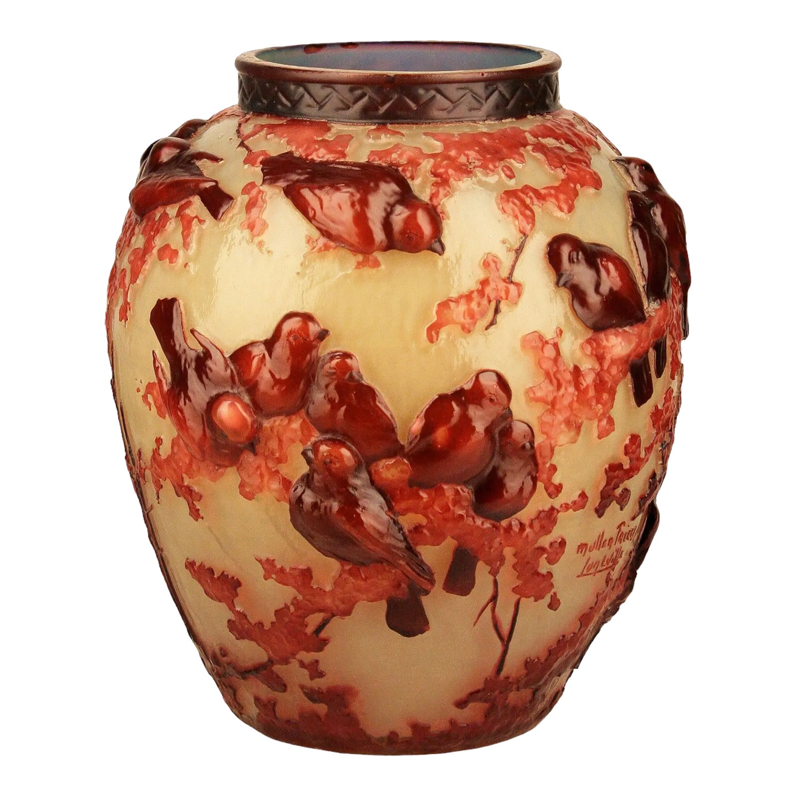 1900s Art Nouveau Bulbous Frosted Soufflé Glass Vase With Trees and ...
