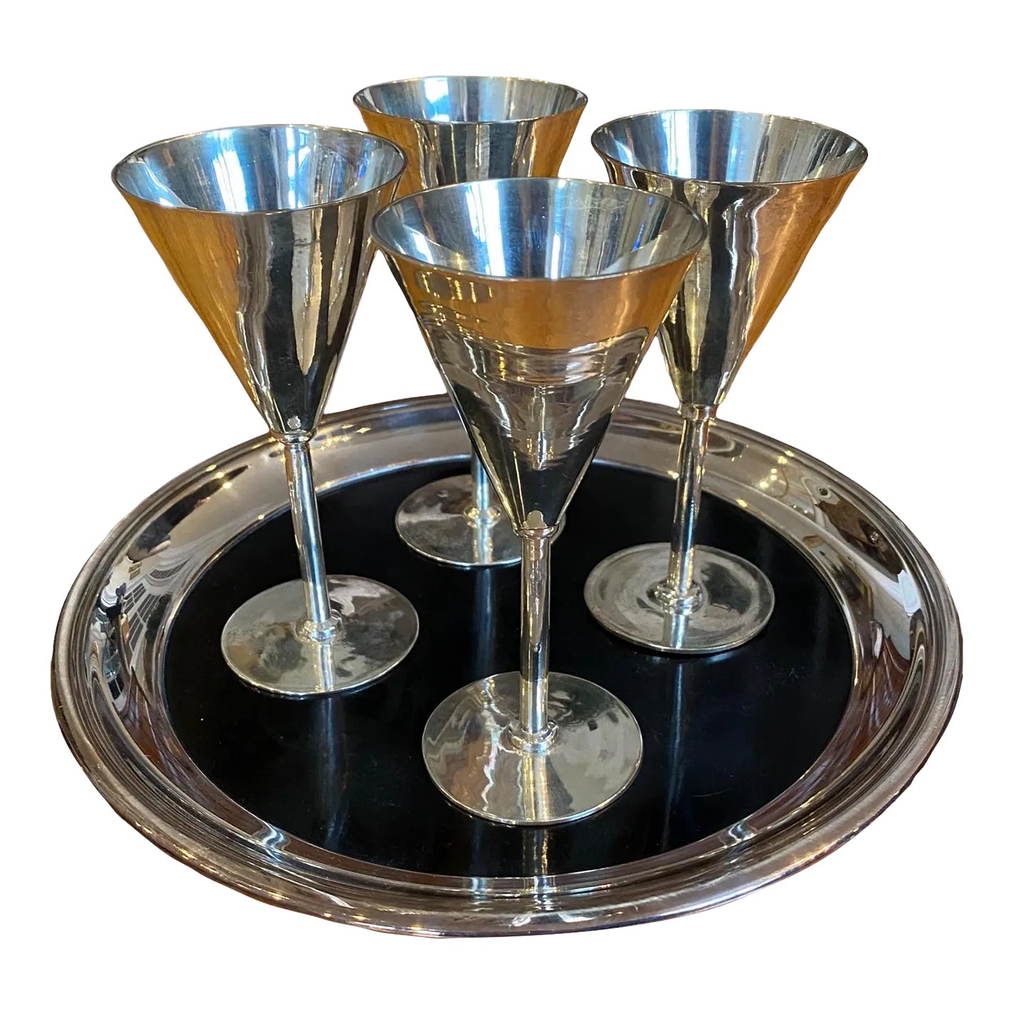 Vintage Silver Plate Cordial Glasses With Black Crescent Formica Tray ...