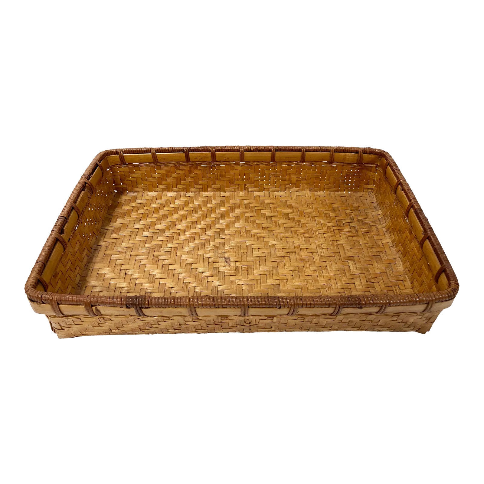 Woven Wicker and Split Reed Rattan Basket Tray | Chairish