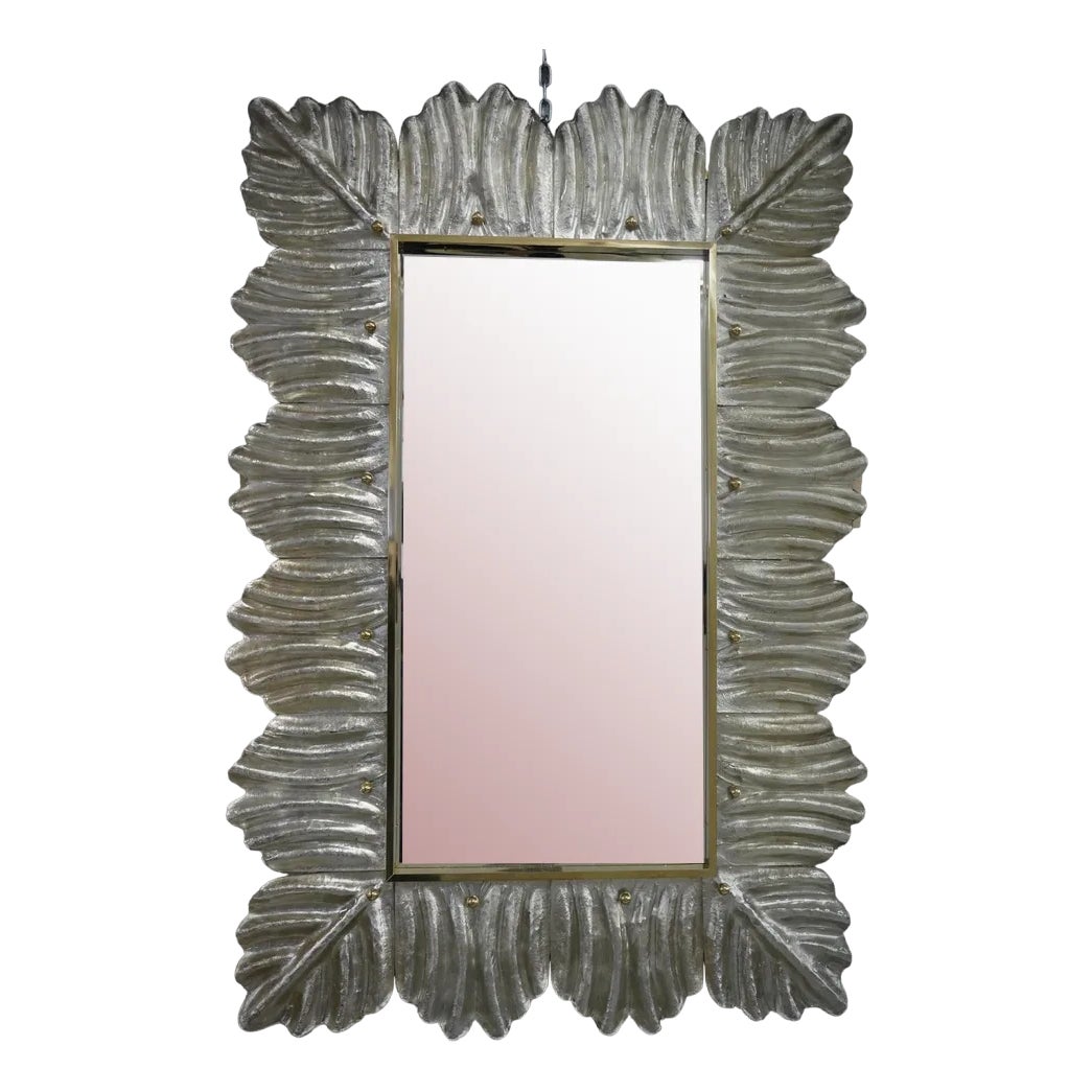 Mid-Century Murano Silver Color Glass and Brass Wall Mirror | Chairish