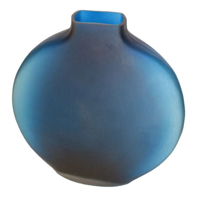 Small Blue Round Flat Vase | Chairish