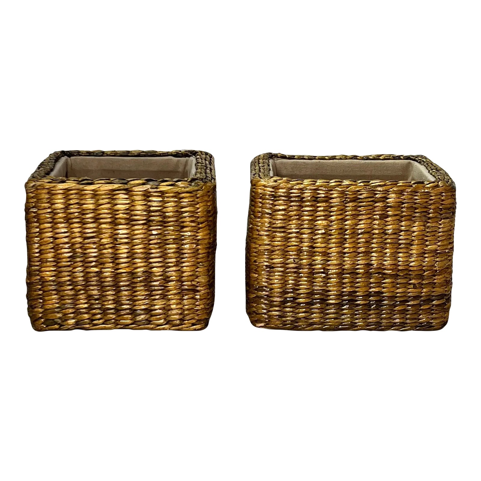 Late 20th Century Square Tabletop Lined Baskets - a Pair | Chairish