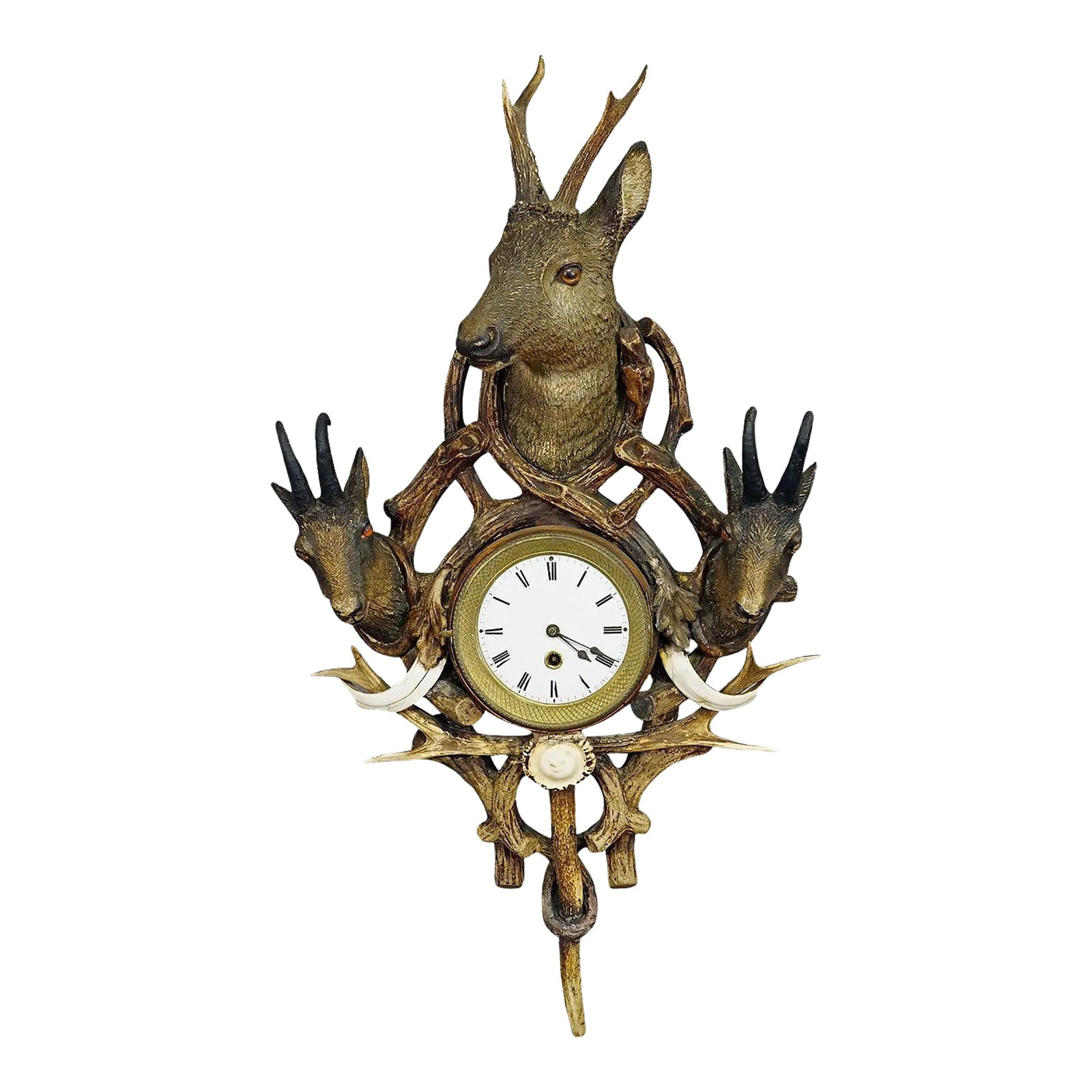 Antique Cabin Antler Wall Clock with Deer and Chamois Austria ca. 1900 ...