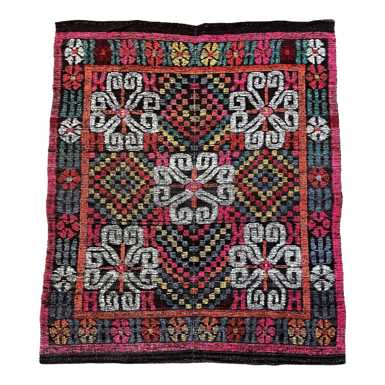 Vintage Hand Knotted Wool Textile W/ Colorful Floral Pattern | Chairish