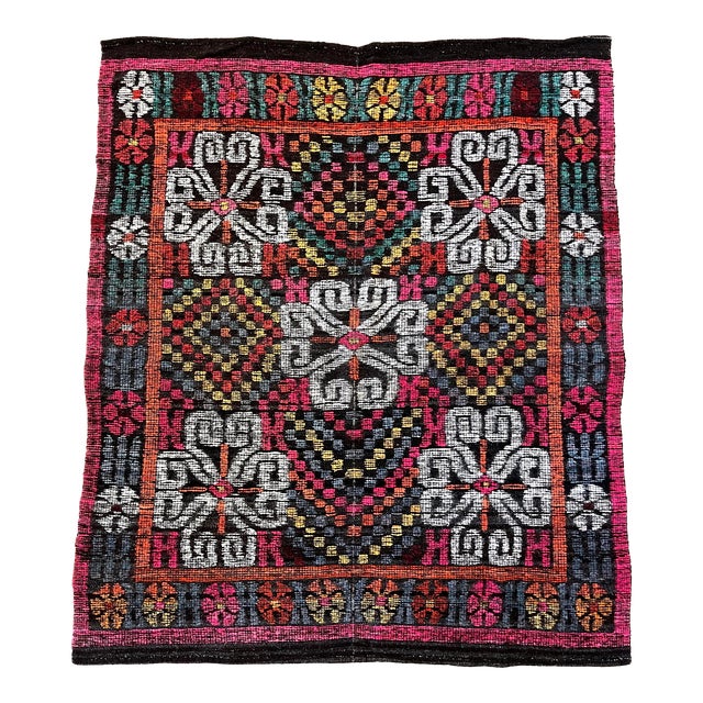 Vintage Hand Knotted Wool Textile W/ Colorful Floral Pattern | Chairish