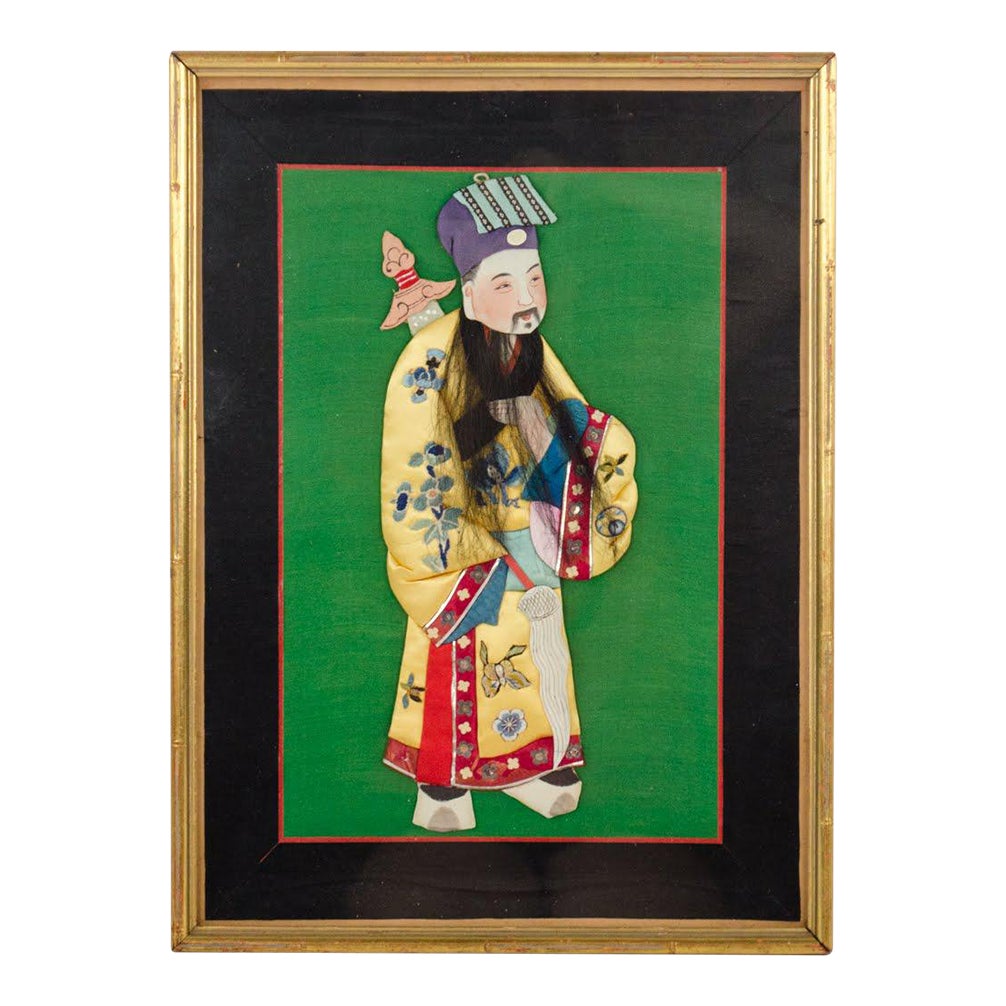 1950s Oriental Embroidered Fabric and Hair Male Figure Textile Art ...