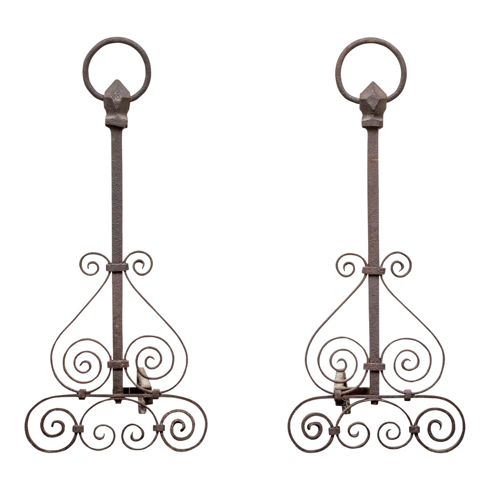 19th Century Antique Scrollwork Wrought Iron Andirons—A Pair | Chairish