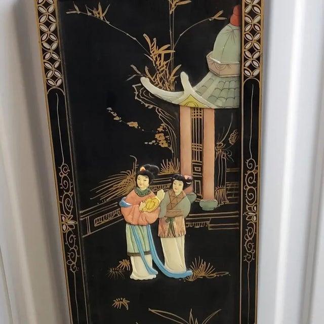 Vintage Japanese Black Lacquer and Stone Wood Wall Panels. | Chairish