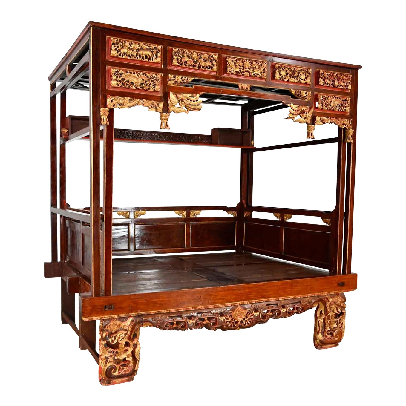 Vintage Chinoiserie Chinese Elm Wedding Opium Canopy Bed Hand Carved ...