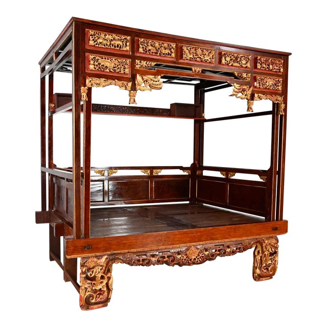 Vintage Chinoiserie Chinese Elm Wedding Opium Canopy Bed Hand Carved ...