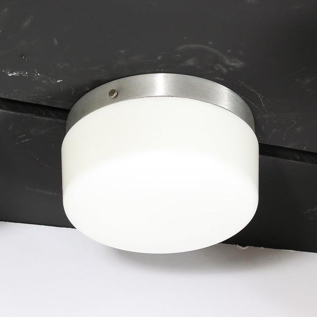 Pair of Mid-Century Cylindrical Milk Glass Flush Mounts W/ Brushed ...