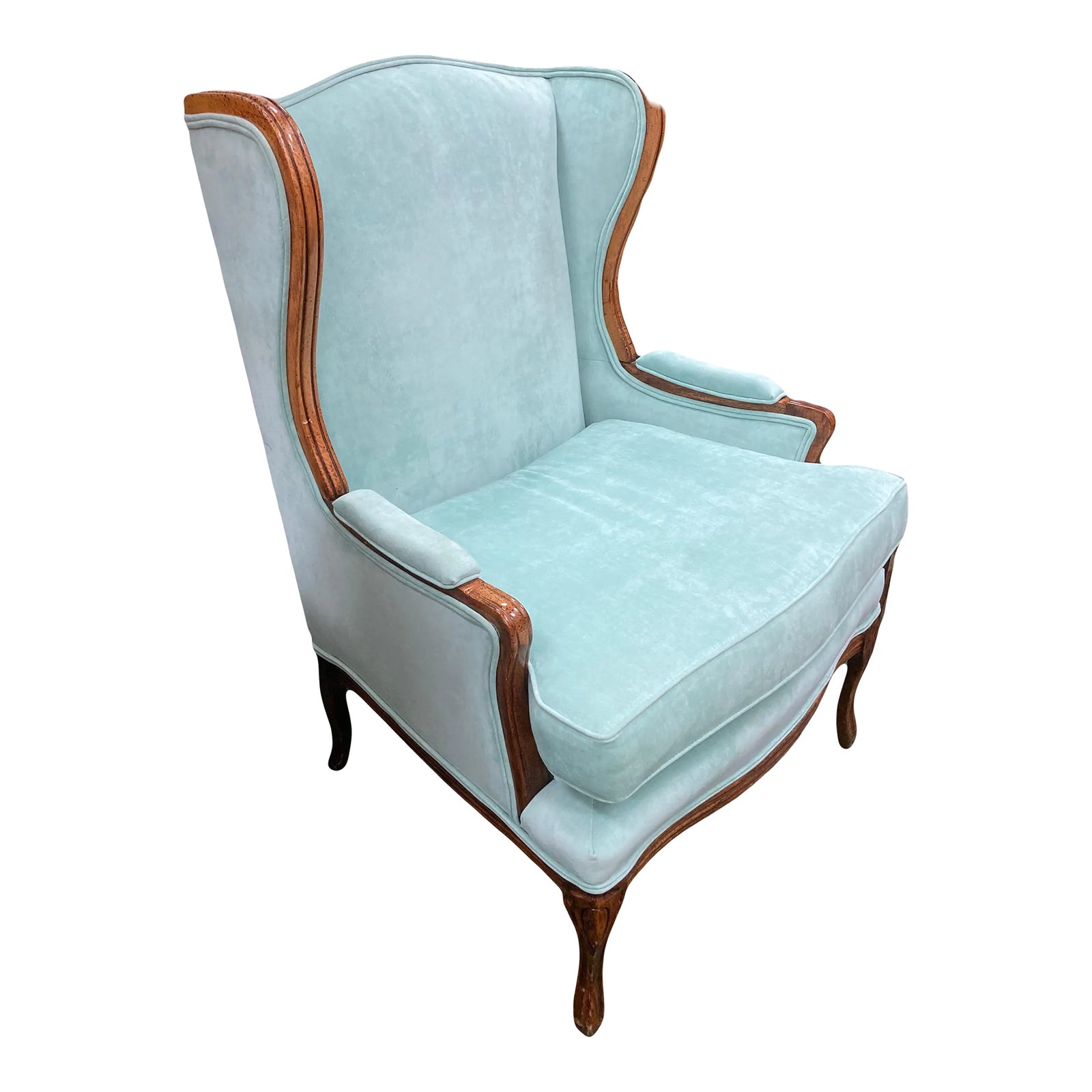 Mid-20th Century Wingback Ear Chair in Aqua Velvet | Chairish