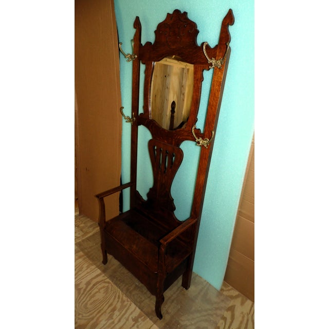 Antique Solid Tiger Oak Mirror Hall Tree Coat Rack Entry Bench | Chairish