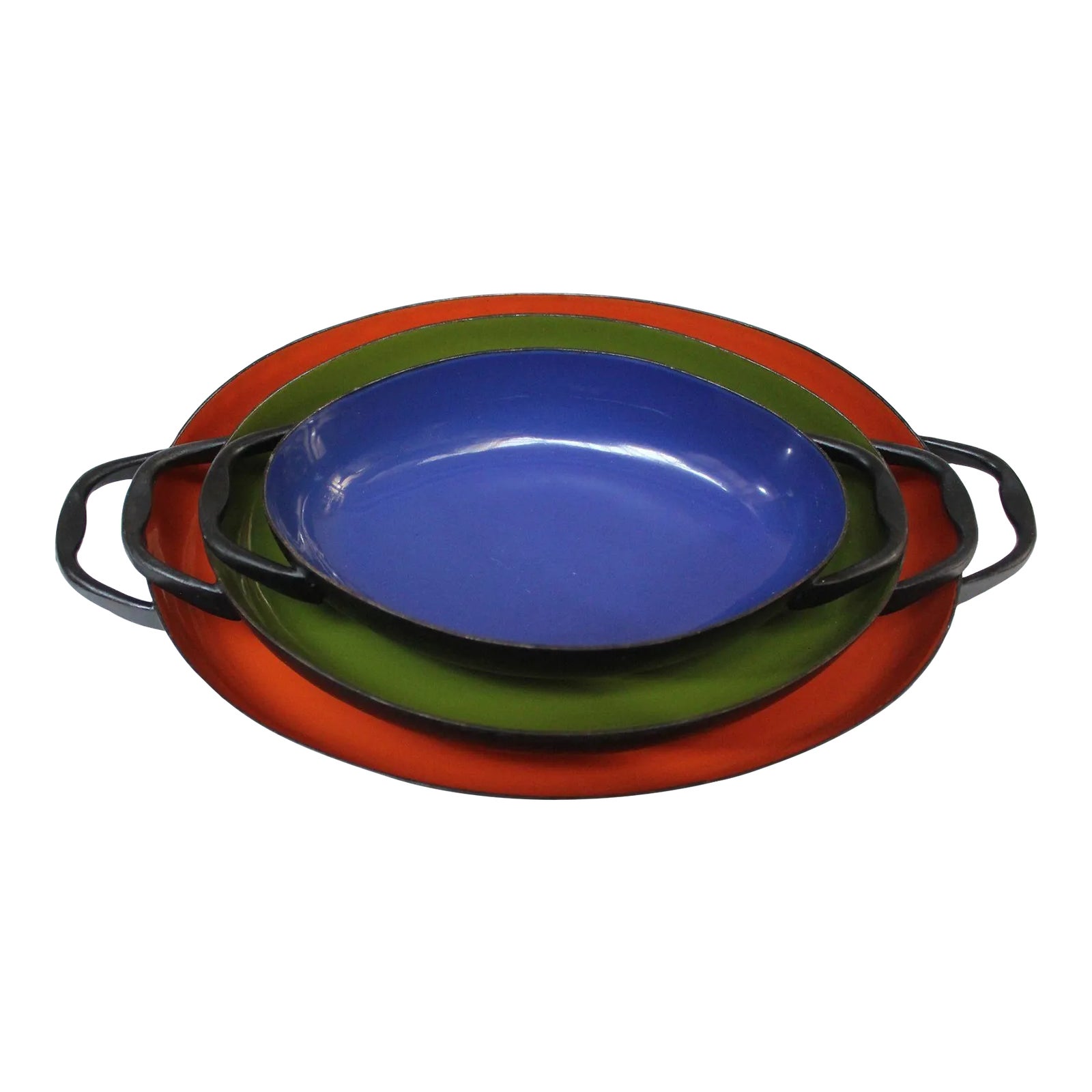 Trio of Vintage Blue, Green, and Orange Enamel Sauté Pans | Chairish