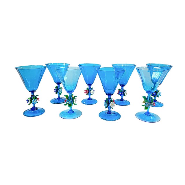 1960's Italian Venetian Flower Adorned Blue Wine Goblets - Set of 8 ...