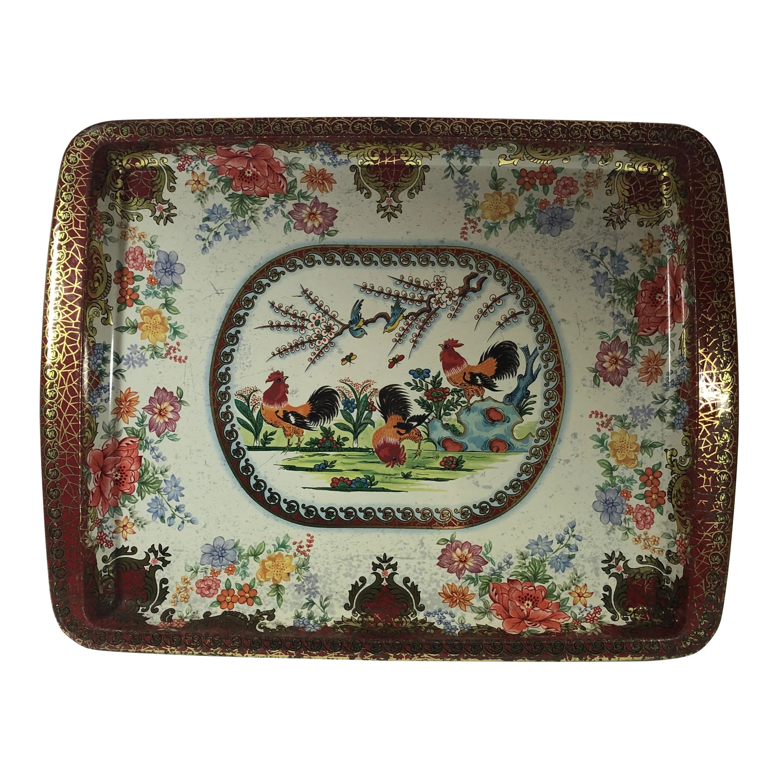1970s Tin Metal Roosters & Floral Tray | Chairish