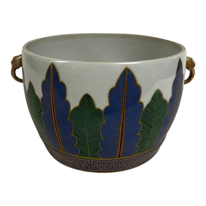 Late 20th Century Mottahedeh Cachepot With Blue and Green Leaves With ...
