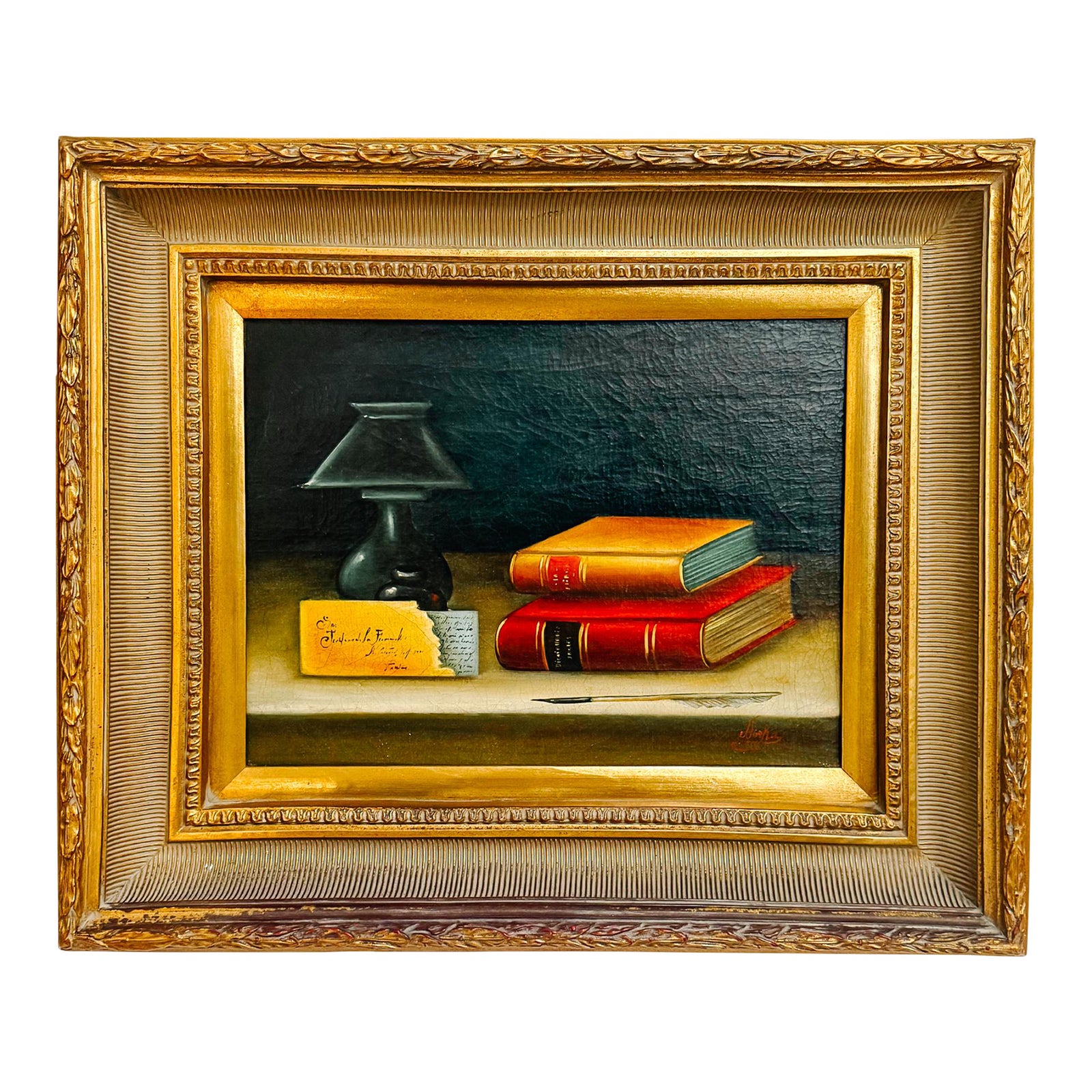 Late 20th Century Dark Academia Still Life Oil Painting With Gilt Wood ...