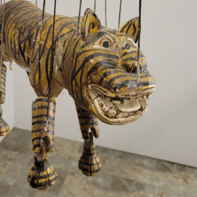 Antique Burmese Asian Wood Tiger Marionette Puppet | Chairish