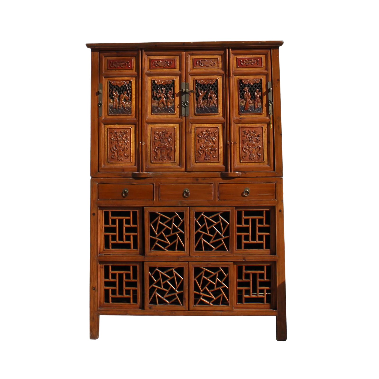 Chinese Brown Open Panel Relief Carving Storage Stack Cabinet | Chairish