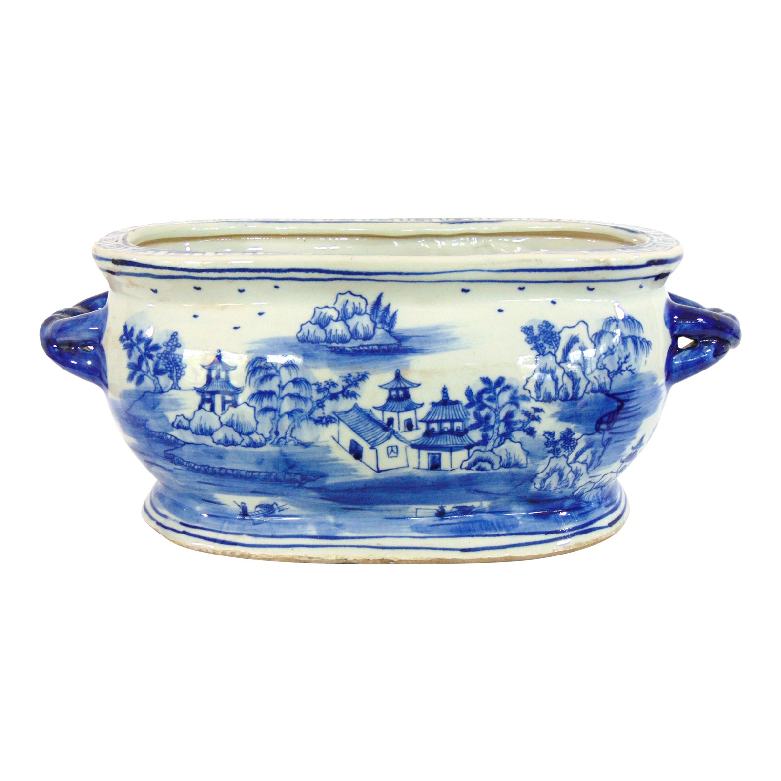 Blue & White Porcelain Scenic Foot Bath Planter With Braided Handles 18 ...