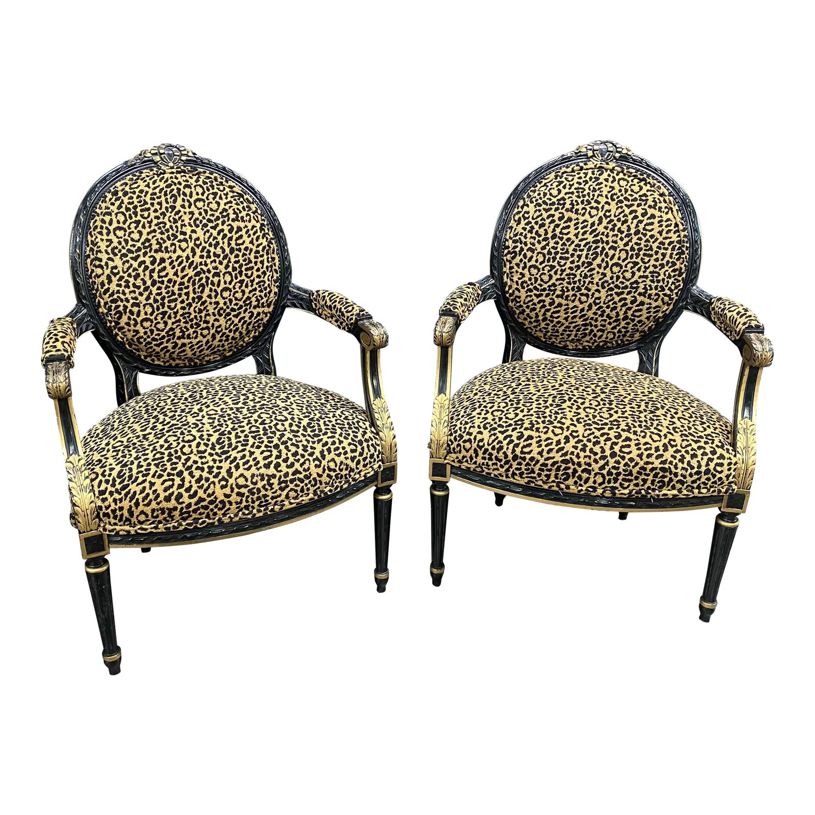 Animal Print Ebonized Jansen French Style Armchairs - Pair | Chairish