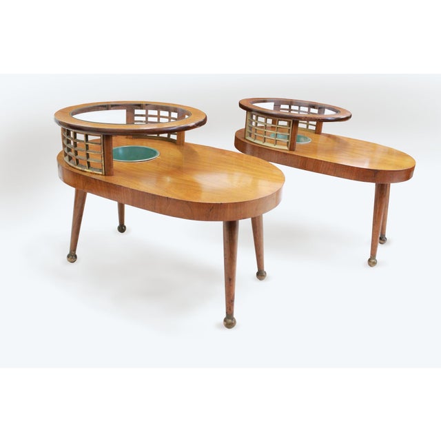 Gilbert Rohde Style Oval Pair of End Tables With Brass Details | Chairish