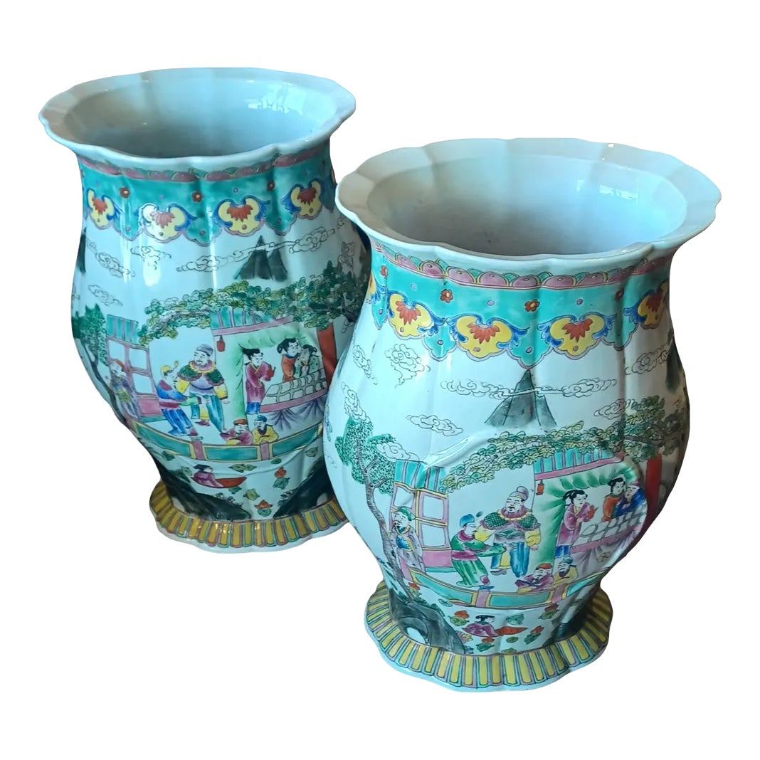 Vintage Pair of Ceramic Asian Vases With Village Scene | Chairish