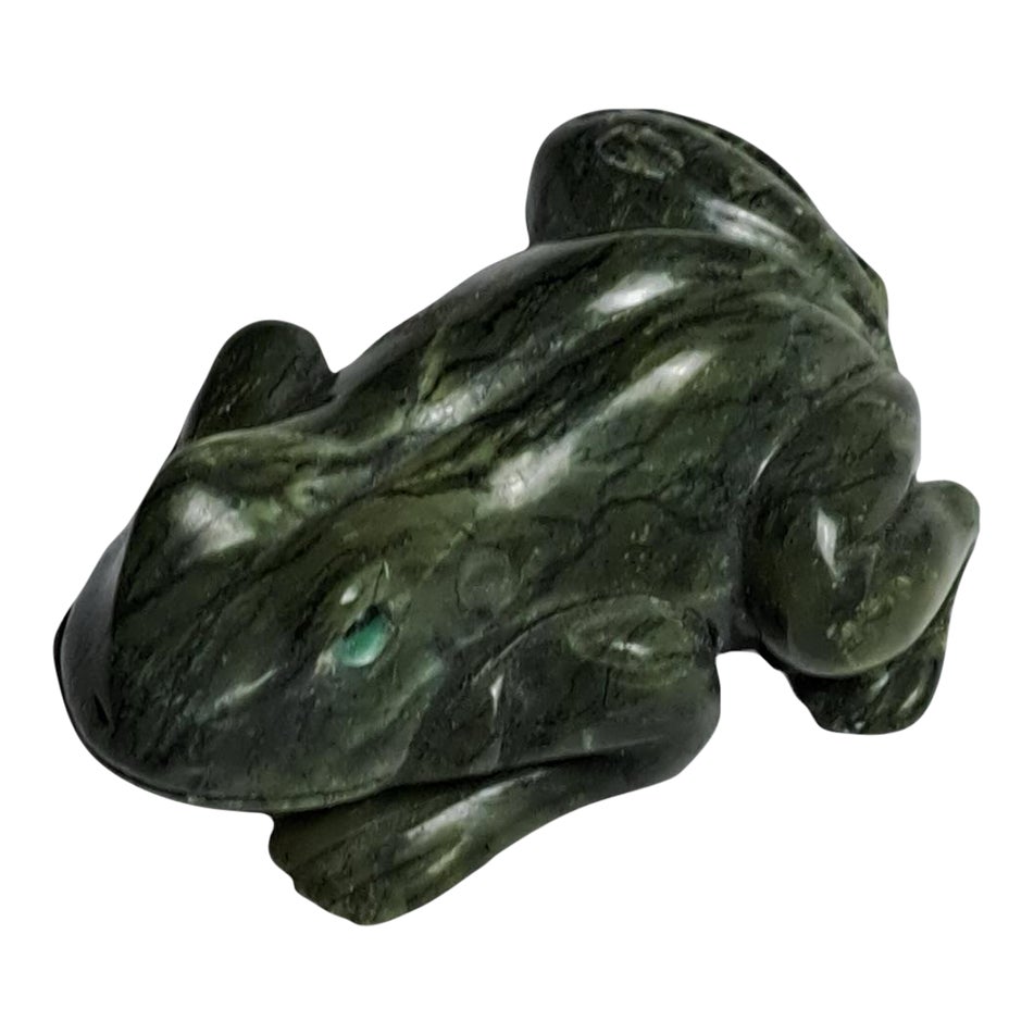 Mid-Century Modern Chinese Carved Jade Frog Dark Green Veins Primitive ...