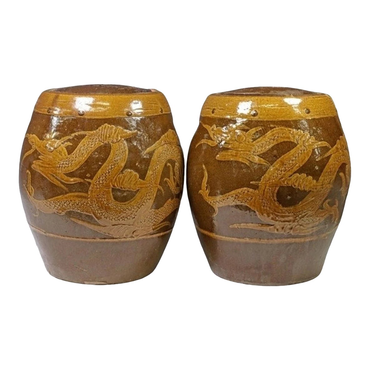 Large Chinese Glazed Earthenware Covered Martaban Storage Jars - a Pair ...