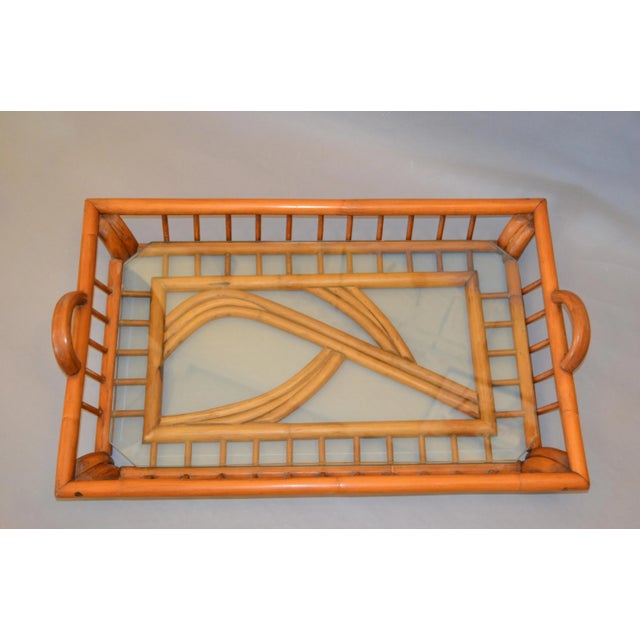 40s Boho Chic Handcrafted Bamboo Wood & Glass Table Tray, Serving Tray ...
