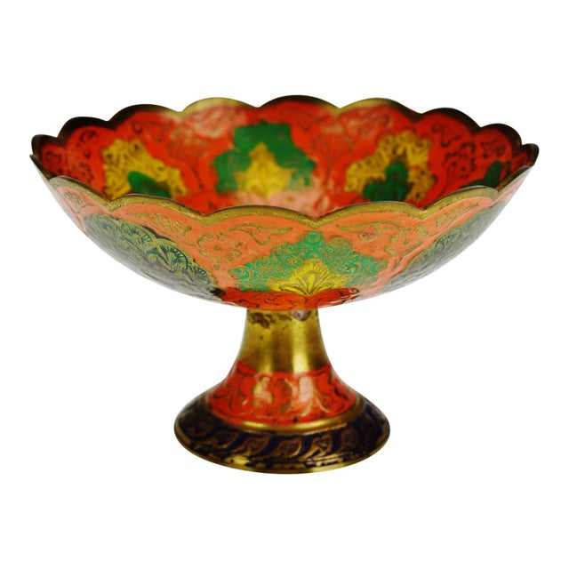 Vintage Enamel Painted India Brass Compote | Chairish