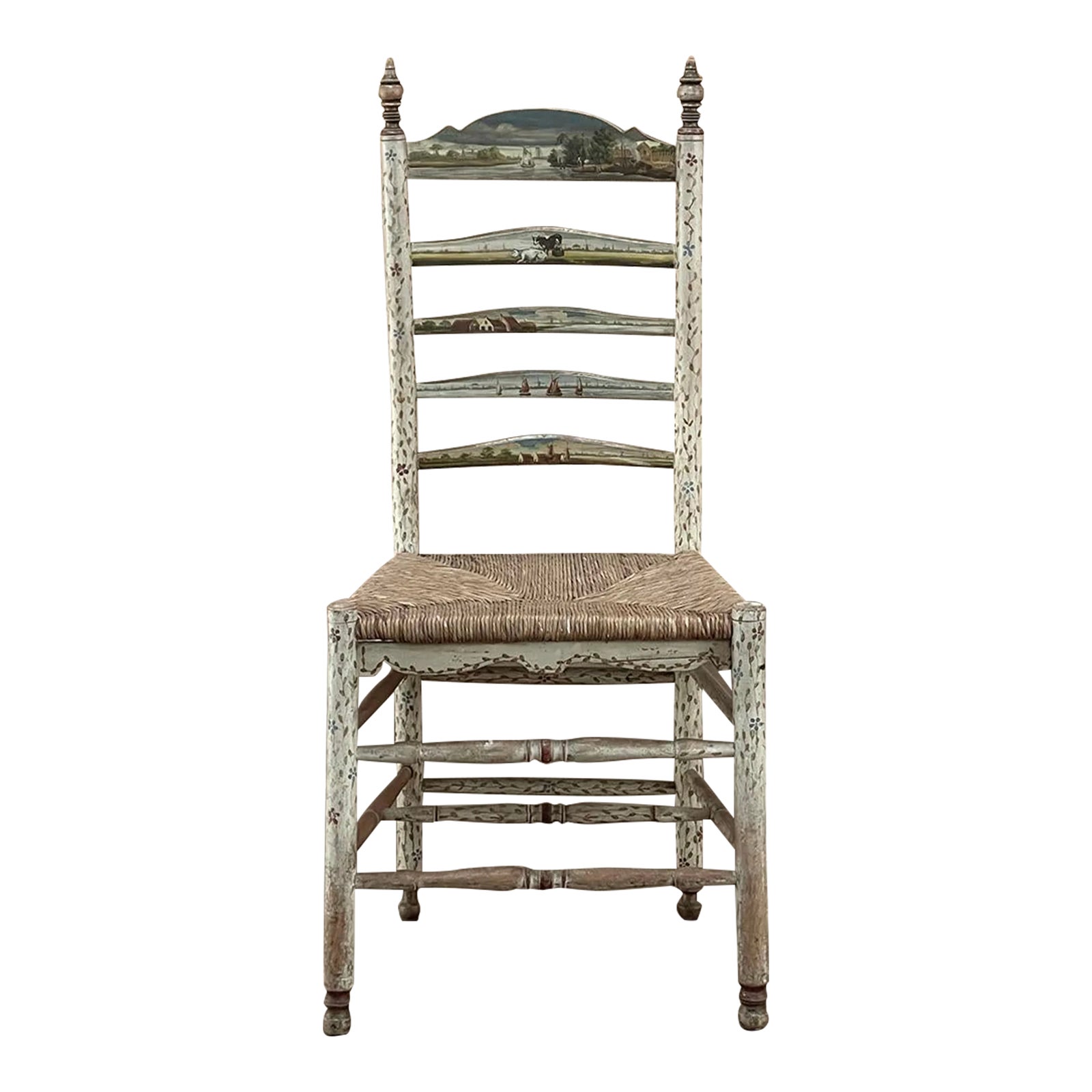 Antique Rustic Dutch Painted Rush Seat Chair | Chairish