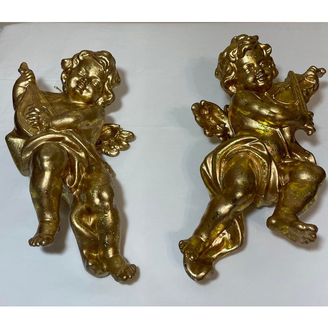 Set of 2 Vintage Large Gold Leaf Cherub Angel Christmas Ornaments With ...