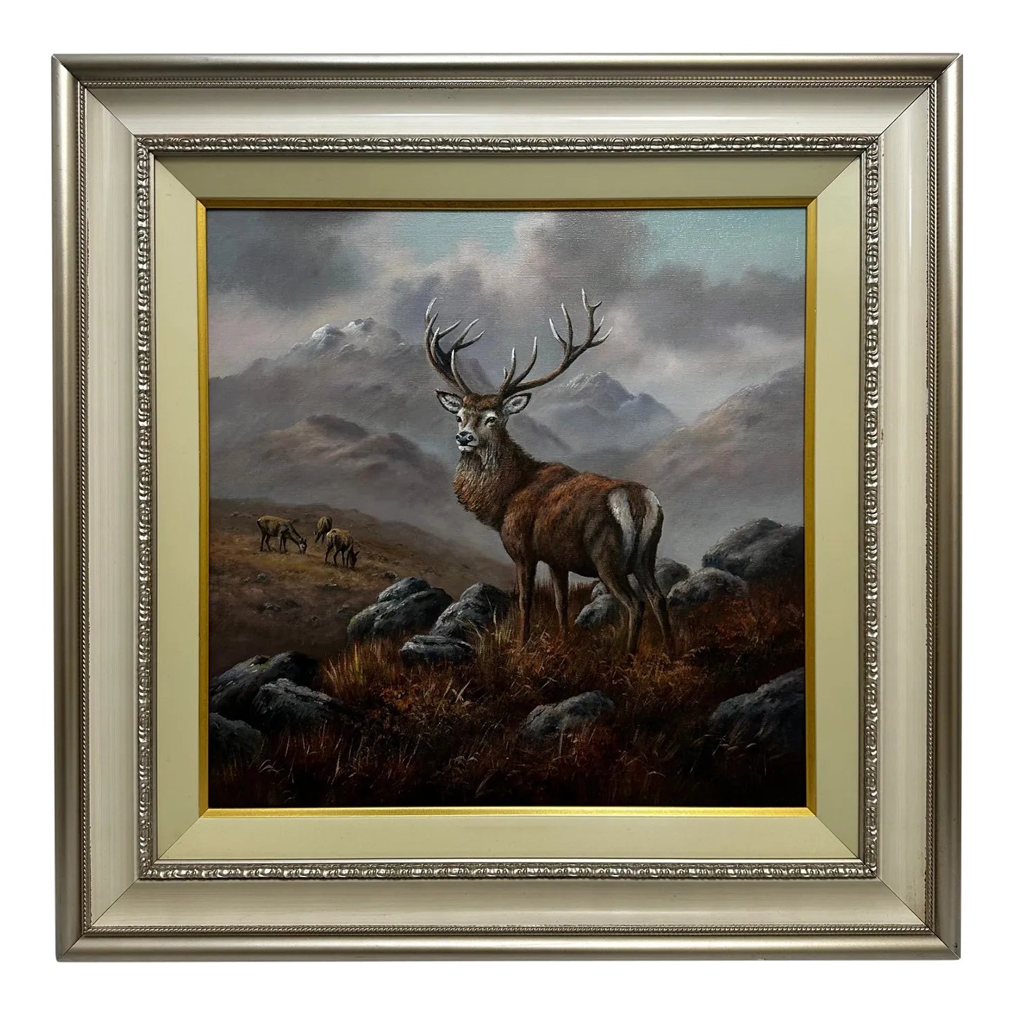 British Oil Painting Scottish Highlands Stag With Fawn Deers Monarch in ...
