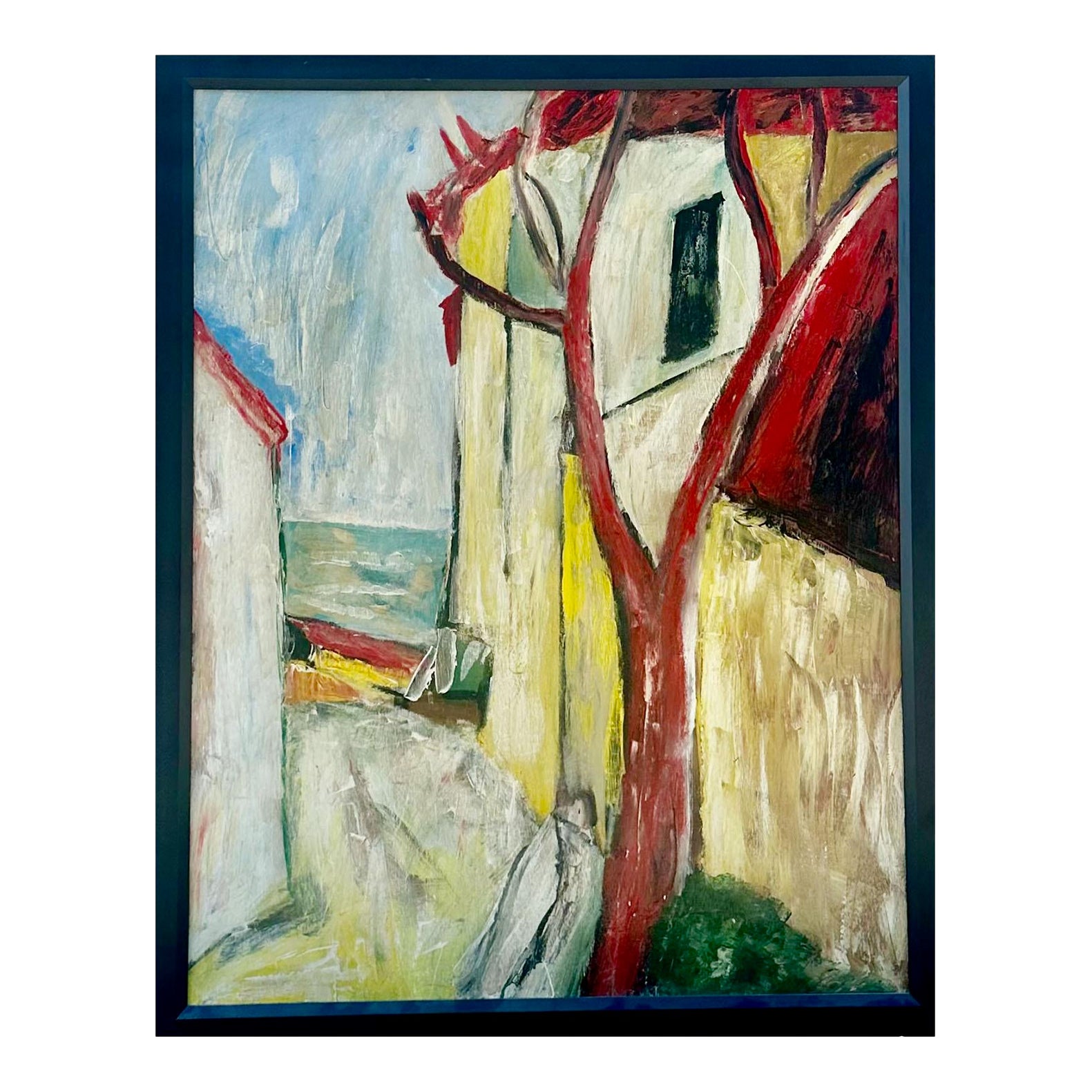 Mid Century Spanish Oil Painting With Red Tree Framed | Chairish
